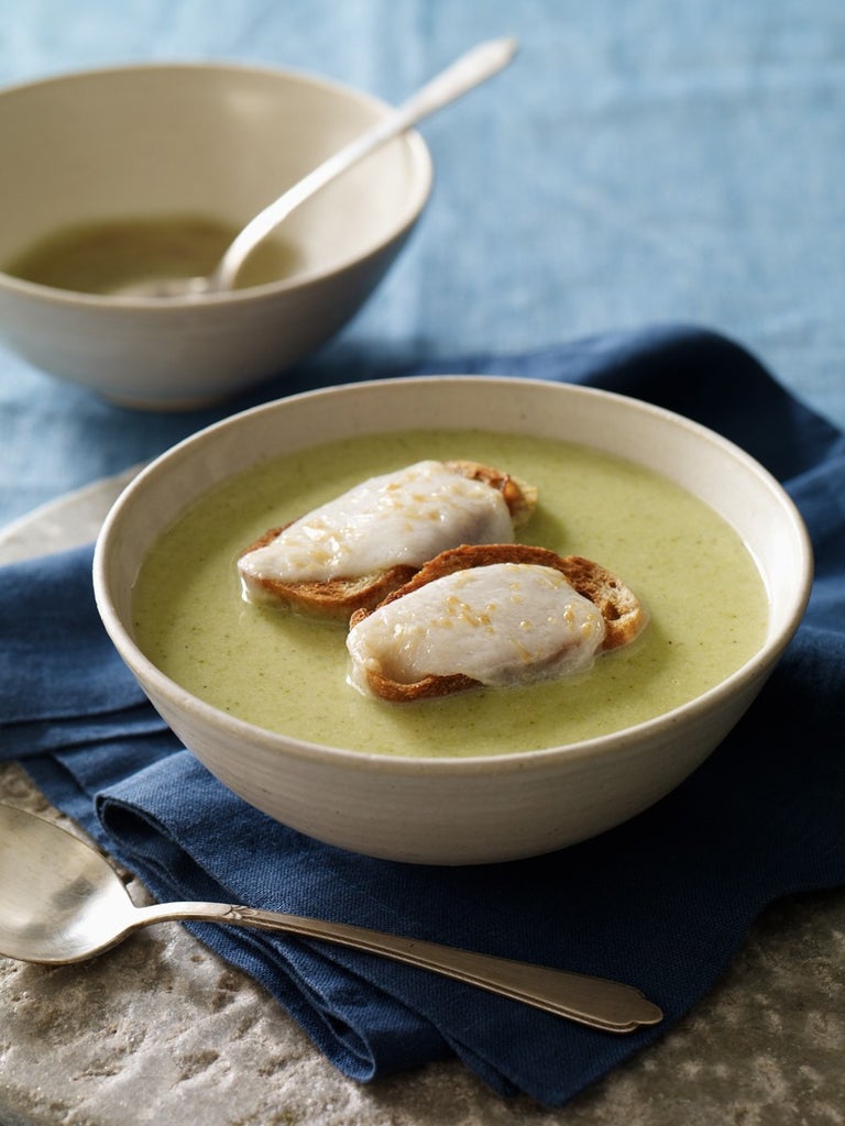 Broccoli-Edamame Soup with Jumbo Goat Cheese Croutons Recipe