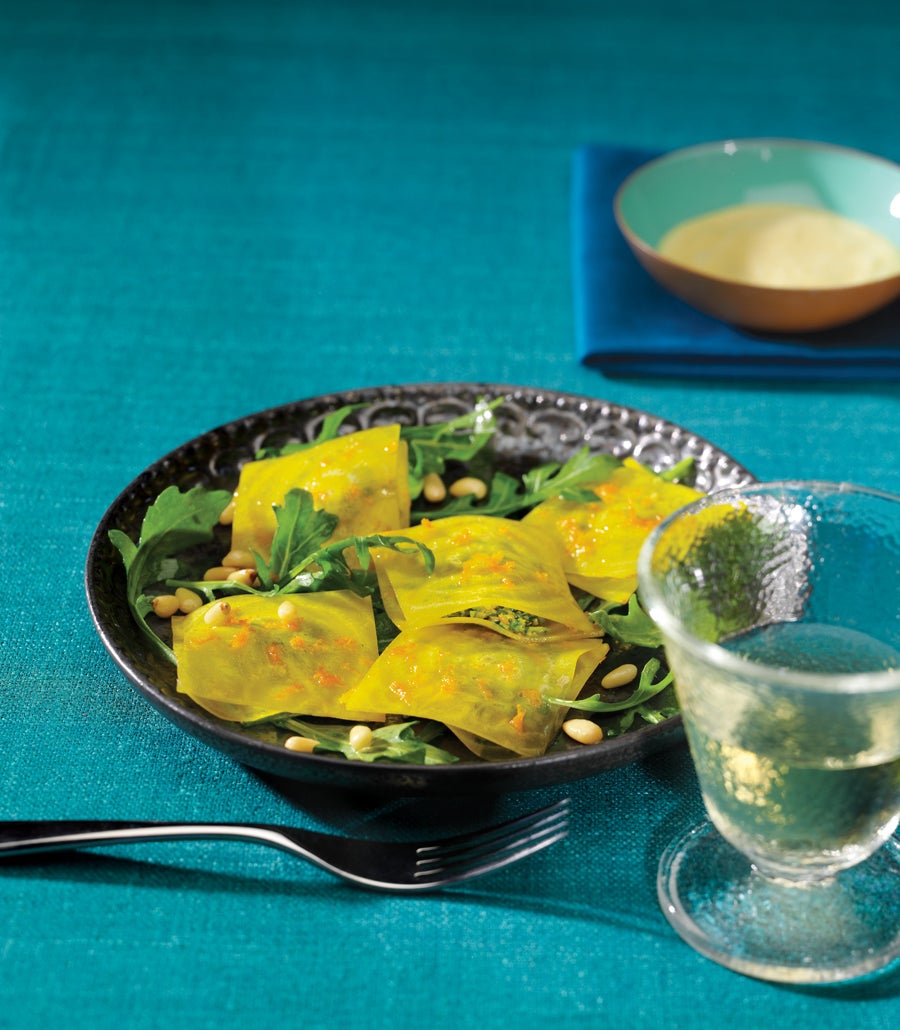 Yellow Beet Ravioli with Olive-Mint Tapenade and Citrus Foam Recipe